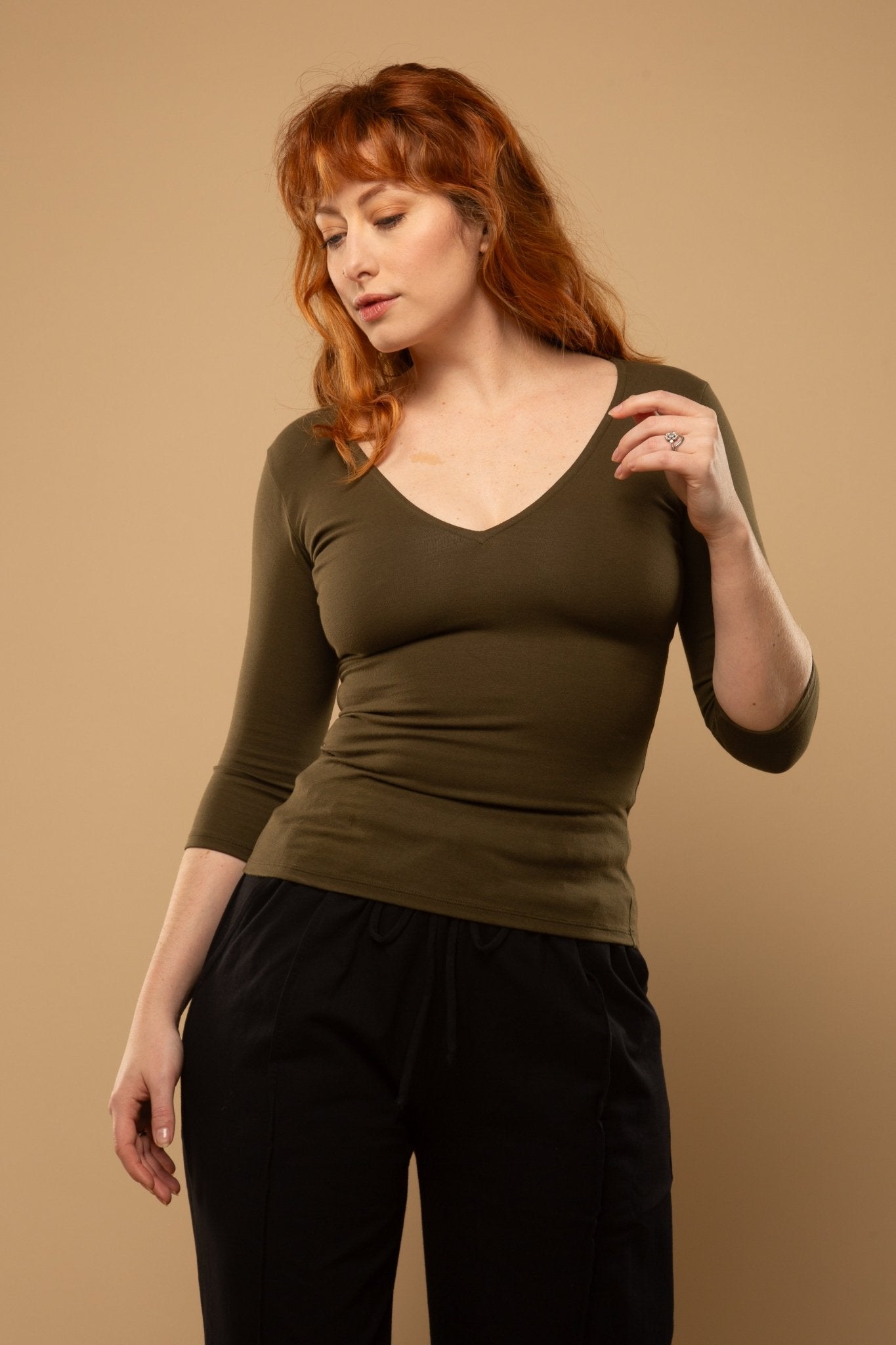Reversible V-neck Full Length Top 3/4 sleeve in Khaki Green – Manners ...