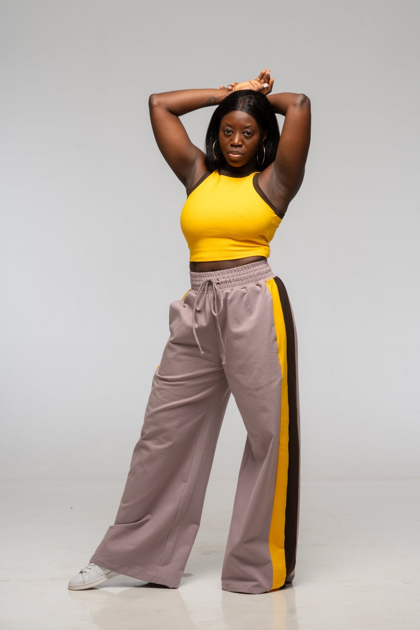 Wide Leg Trackie Trousers in Dust with Mango and Cafe stripes